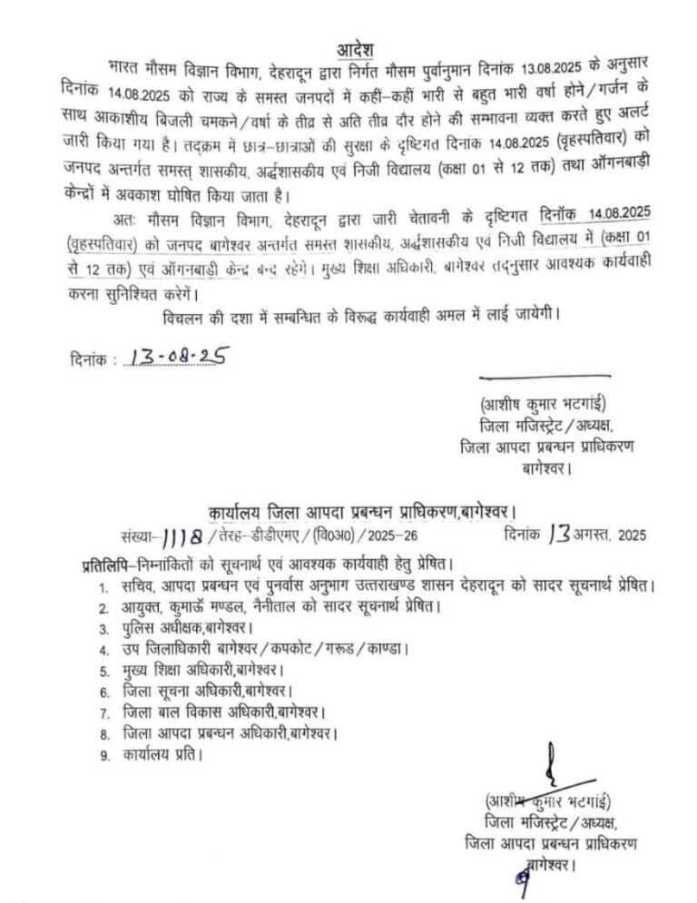 बड़ी खबर-(उत्तराखंड) भारी बारिश का अलर्ट, इस जिले में भी कल स्कूलों मे ...